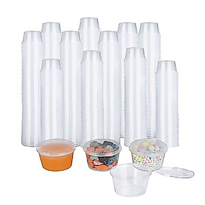 ABuff 200PCS 2 oz Small Plastic Containers with Lids for Food, Jello Shot Cups with Lids, Disposable Portion Cup BPA Free for Sauce, Condiments, Souffle, Salad Dressing, Medicine or Slime