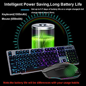 Rechargeable Keyboard and Mouse,Suspended Keycap Mechanical Feel Backlit Gaming Keyboard Mouse Set-Wireless 2.4G Drive Free,Adjustable Breathing Lamp,Anti-ghosting,12 Multimedia Keys (Black-RGB)