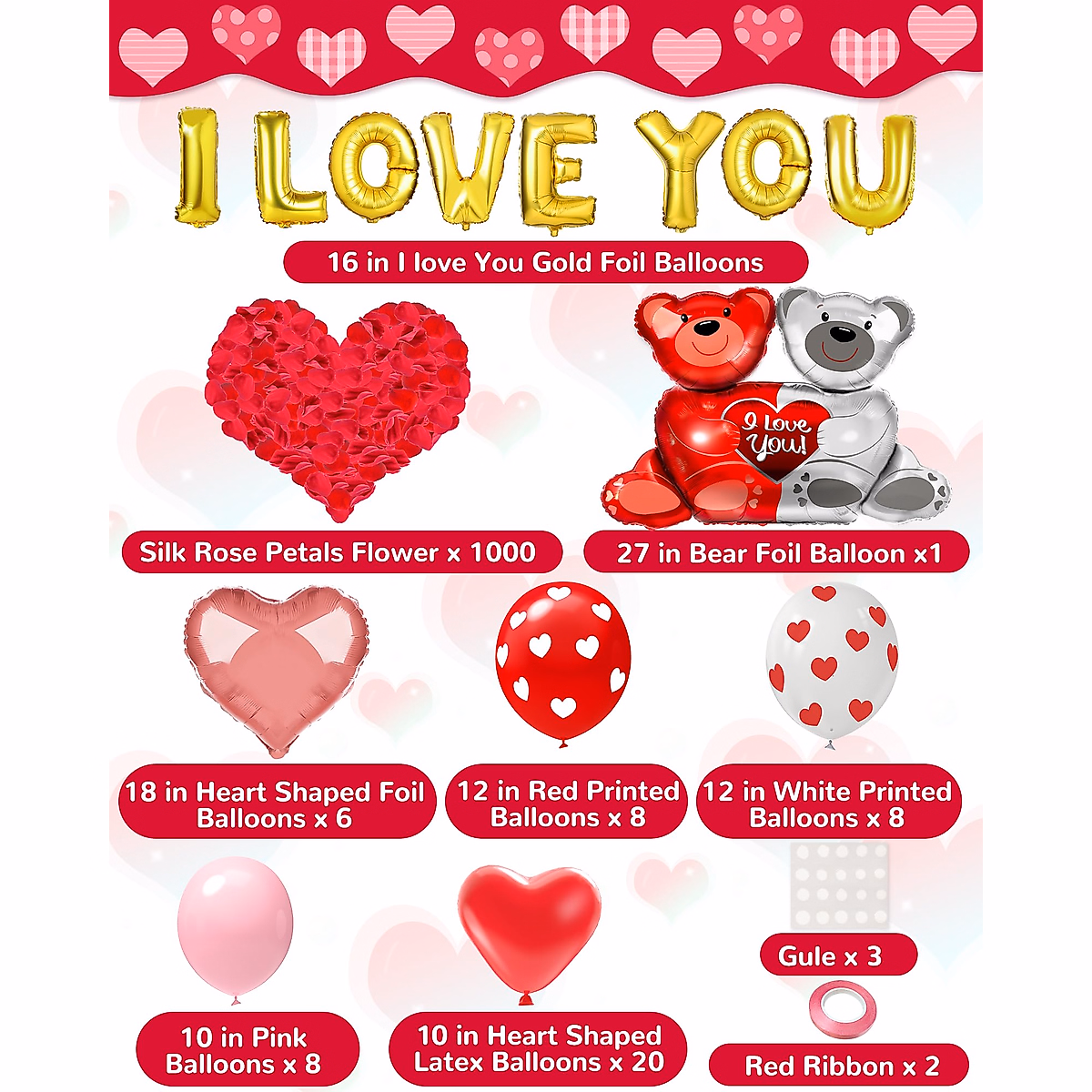 Lutoys Valentines Balloon Kit Decor with I Love You Balloons, Heart Balloons with 1000 Pcs Silk Red Rose Petals for Valentines Day Decorations Romantic Proposal Wedding Anniversary Decorations