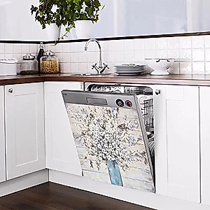 FRES Vase Flower Dishwasher Magnet Covers for The Front,Wood Texture White Floral Refrigerator Magnetic Stickers,Oil Painting Spring Home Cabinet Decor Panel Decal 23x26inch