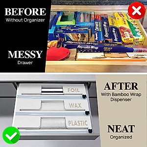 The Luxe Union 3-in-1 Wax, Foil, and Plastic Wrap Dispenser with Cutters, Drawer and Countertop Organizer for Cling, Film, and Parchment Paper, Pre-Labeled Organization, Bamboo Holder