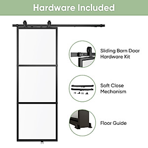 BARNSMITH 30in x 84in Frosted Glass Barn Door with 5FT Top Mounted Hardware kit Include Soft Close Mechanism Black Carbon Steel Tempered Frosted Glass Sliding Door,Assemble Required Easy Installation