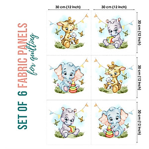 UNIQUE Giraffe Elephant Hippo Fabric Panel Set (6 Panels, 12x12in Each), Quilting Panels, Baby Quilt Panels, Cotton Baby Panels, Blanket Panel, Cotton Fabric Panels for Quilting