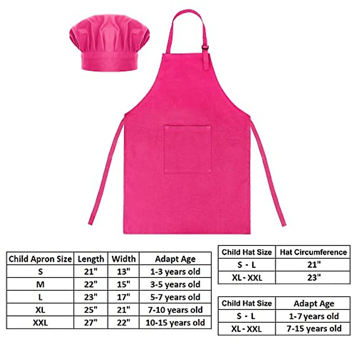 TOPTIE Kids Apron and Chef Hat Set, Adjustable Cotton Child Cooking Kitchen Apron, S-XXL-Hot Pink-S