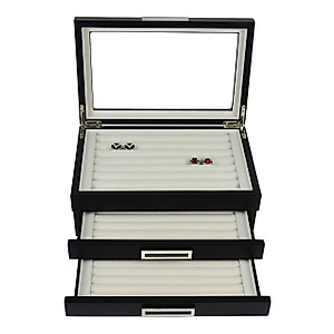 TIMELYBUYS Black Ebony Wood Cufflink Case & Ring Storage Organizer with Stainless Steel Engravable Design Accent Men's Jewelry Box for 108 Cufflinks