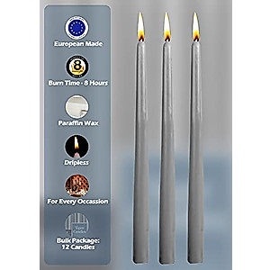 12 Pack Tall Taper Candles - 10 Inch Dark Grey Dripless, Unscented Dinner Candle - Paraffin Wax with Cotton Wicks - 8 Hour Burn Time