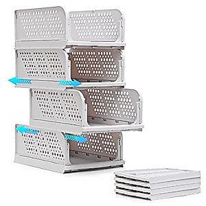 ELUCHANG Stackable Closet Organizers and Storage 16.93in 4 Packs Foldable Closet Organizer Drawers Shelves Collapsible Wardrobe Clothes Storage Bins Organization for Bedroom Bathroom Kitchen