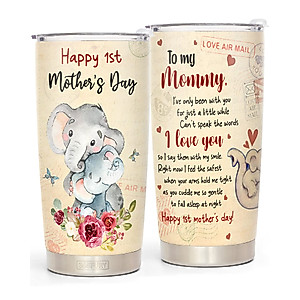 365FURY First Mothers Day Gifts For New Mom, Daughter From Baby, Sister, Son - 1st Mothers Day Coffee Mug - Elephant 20oz Double Wall Vacuum Insulated Tumbler With Lid for Woman