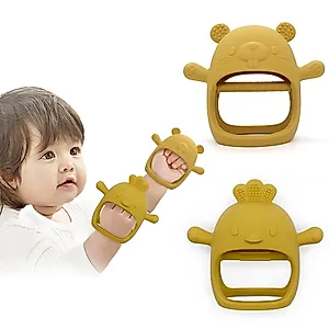 Baby Wrist Teether, Teething Mittens Toys for Babies, Santi & Me Silicone Baby Chew Teether Toys for Sucking Needs, Fun Bird Design, Never Drop from Hand, Pack of 2 (Mango)