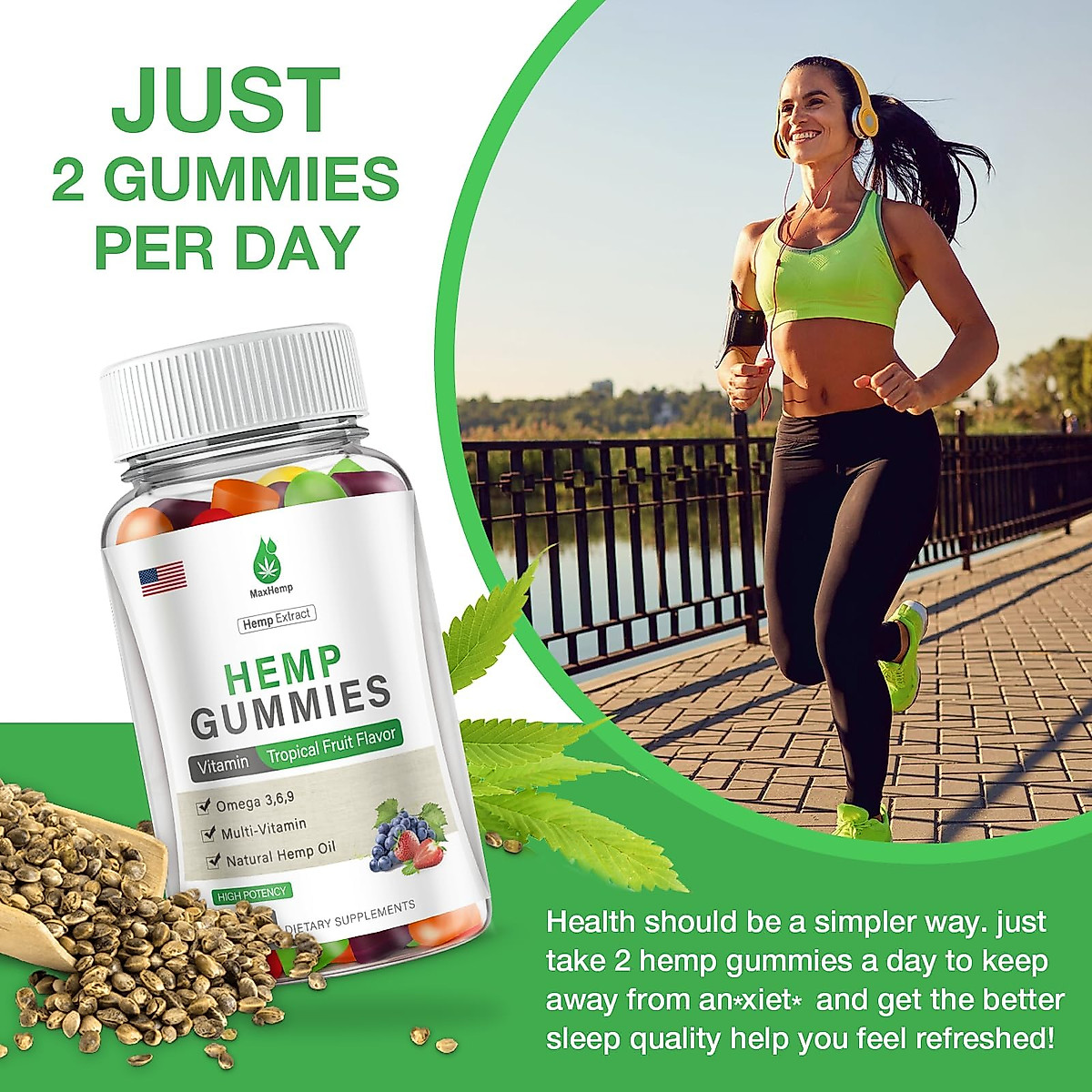 Hemp Gummies 2 Packs - 100% Natural Organic Hemp Gummy Extra Strength High Potency with Pure Hemp Oil Extract Vegan Edible Bear Candy Made in US