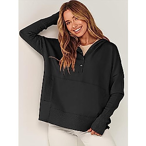 ANRABESS Women Casual Henley Hoodies Oversized Sweatshirt Ribbed Knit Long Sleeve Shirts Buttons V Neck Loose Baggy Sweater Hooded Pullover Fashion 2023 Fall Clothes 1064heise-S Black