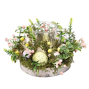 Easter Candle Holder with Pastel Eggs and Mixed Flowers Hurricane Candlestick with Glass Screen Cover Spring Candleholder Small Wreath Candlestick Centrepiece Table Top Decoration Easter Ornaments