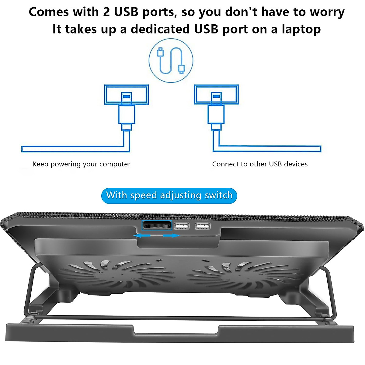 Laptop Cooling Pad, Cooler Pad Chill Mat 2 Quiet Fans LED Lights and 2 USB Ports 5 Height & with Adjustable Speed Mounts Metal Mesh Design, for 9"-17" Laptops（Black）