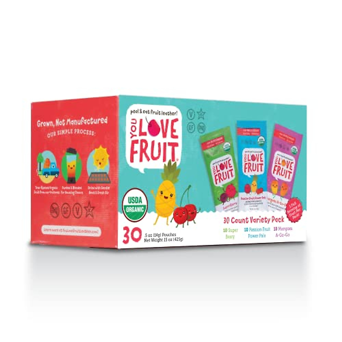 YOU LOVE FRUIT - Fruit Snacks Variety Pack 30 count, 100% Natural Gluten-Free, Vegan, Low Carb, Low Fat Fruit Kosher Snacks for Kids, College Students, Teachers and Offices, Healthy Fruit Snacks for Weight Loss (passion fruit, super berry, mango)