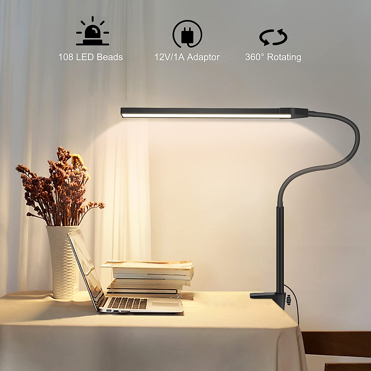 Touch Control LED Desk Lamp, 2-in-1 Gooseneck Clamp on Lamp, Desk Lamp for Home Office, 3 Modes Stepless Dimmable Workbench Light for Painting Reading Working Study Dorms Nightlight