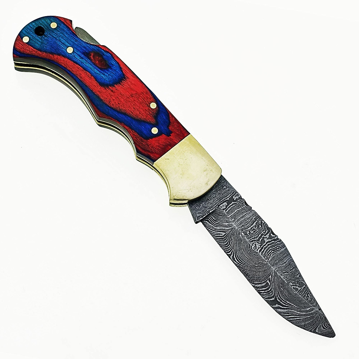 Custom Handmade Damascus Steel Folding Knife/Pocket Knife SS-17482(Red and Blue Colored Wood) (Black)