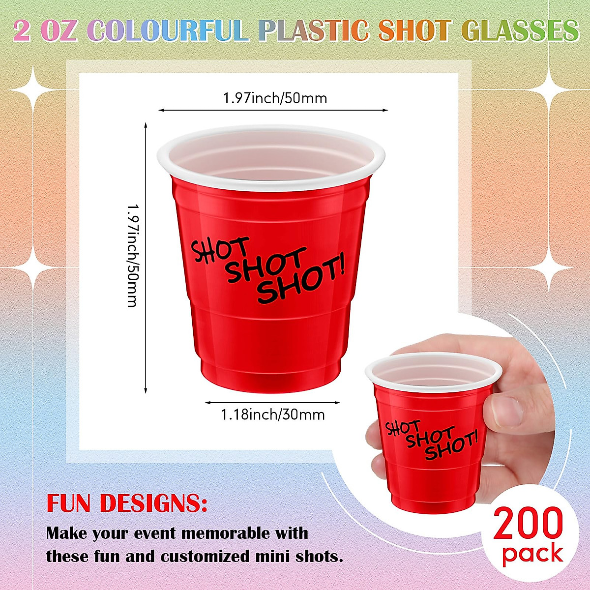 Lounsweer 200 Pack Plastic Shot Glasses, 2 oz Mini Disposable Shot Cups, Small Plastic Cups for Wedding Bachelorette Birthday Holiday Party, Beer Taste Serving, Snack(Multicolored)