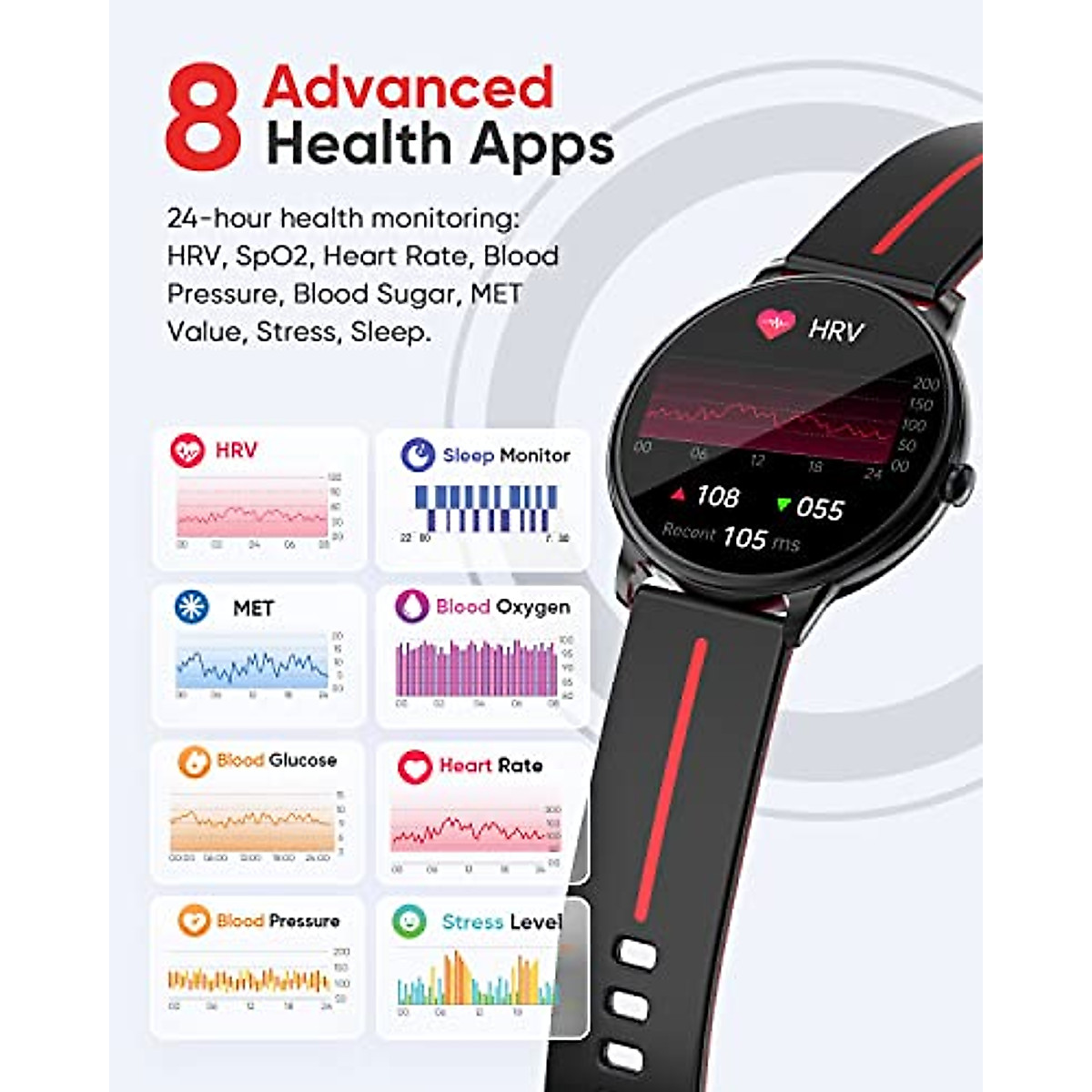 HYSTORM Health Smart Watch (HRV,BG) 1.43" AMOLED Always-on Display Fitness Tracker Watch with Bluetooth Call, 8 Health Apps Blood Glucose Heart Monitor Android iOS Waterproof Smartwatch for Men