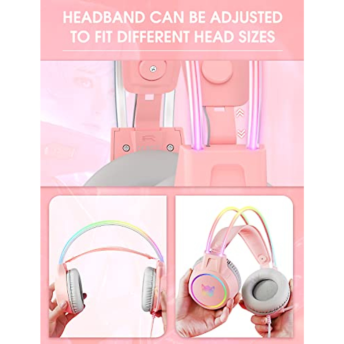 SIMGAL Gaming Headset with Mic, 3.5mm Lightweight Headphones with RGB Aluminum Frame, Surround Sound, Compatible with PS4 PS5 Xbox One(Adapter Not Included) PC Mobile Phone (Pink Without Antler)