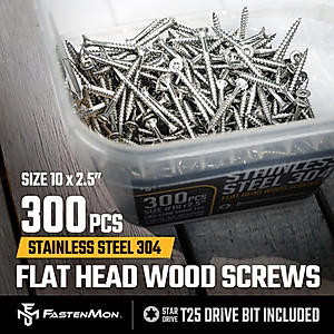 FM FastenMon #10 x 2-1/2" (300 PCS) Stainless Steel Deck Screws - 304 Grade with T25 Star Drive Bit - Ideal for Outdoor Wood Projects, Fences, Garden Bench, Picnic Table, and Decks - Bulk Box