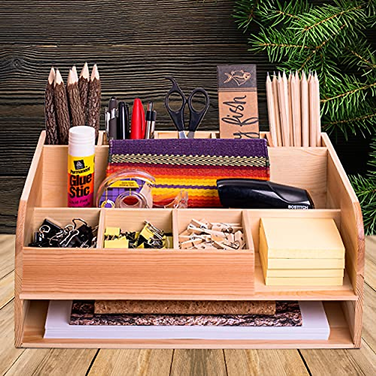 MissionMax Natural Pine Wood Desk Organizer with File Organizer