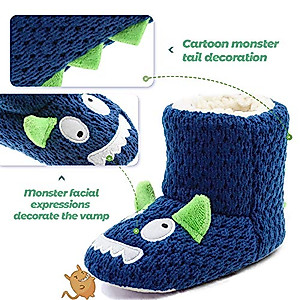 LA PLAGE Boys Girls Blue Monster Bootie Slippers with Cozy Memory Foam Winter Warm Indoor Outdoor House Slippers 1-2 US Navy