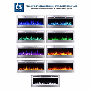 The Sideline Deluxe™ by Touchstone - Stainless Steel Electric Fireplace - 50 Inch Wide - in Wall Recessed - 5 Flame Settings - Multiple Color Flame - 1500W Heater - Log & Crystal Hearth Options- 86273