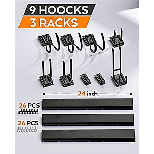 INCLY Garage Tool Storage Rack, 12 PCS Garden Yard Tool Organizer Wall Mount, 72 Inch Adjustable Heavy Duty Steel Garage Organization System with 3 Racks & 9 Wall Hooks