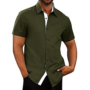 JMIERR Men's Casual Button Down Shirts Wrinkle-Free Short Sleeve Business Muscle Slim Fit Non Iron Dress Shirt for Men, XL, Olive Green