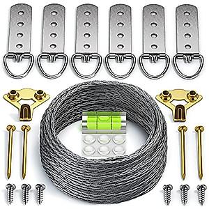 Heavy Duty Picture Wire Hanging Kit - D-Ring, Screws, Hanging Hooks,Level. Supports up to 110 lbs 50+ Feet (15.25M) Stainless Steel Wire Hanger