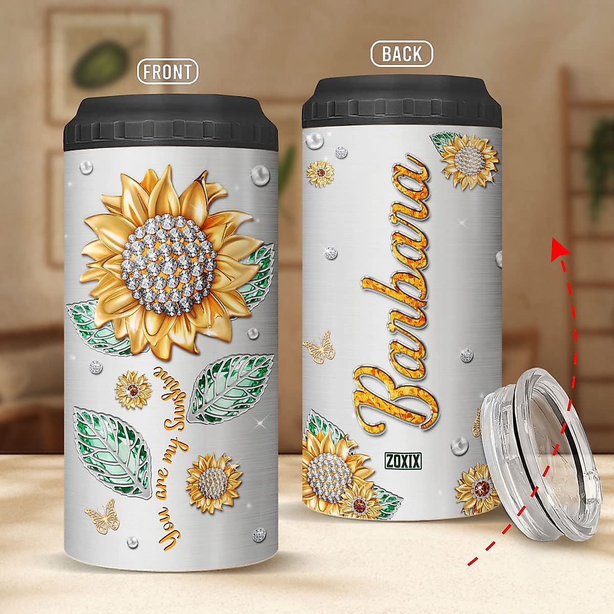 ZOXIX Sunflower Tumbler Can Cooler 16oz 4-in-1 Can Holder Travel Mug Jewelry Style Stainless Steel Insulated Cup Flower Print Sunflowers Personalized Name Gifts For Women Custom