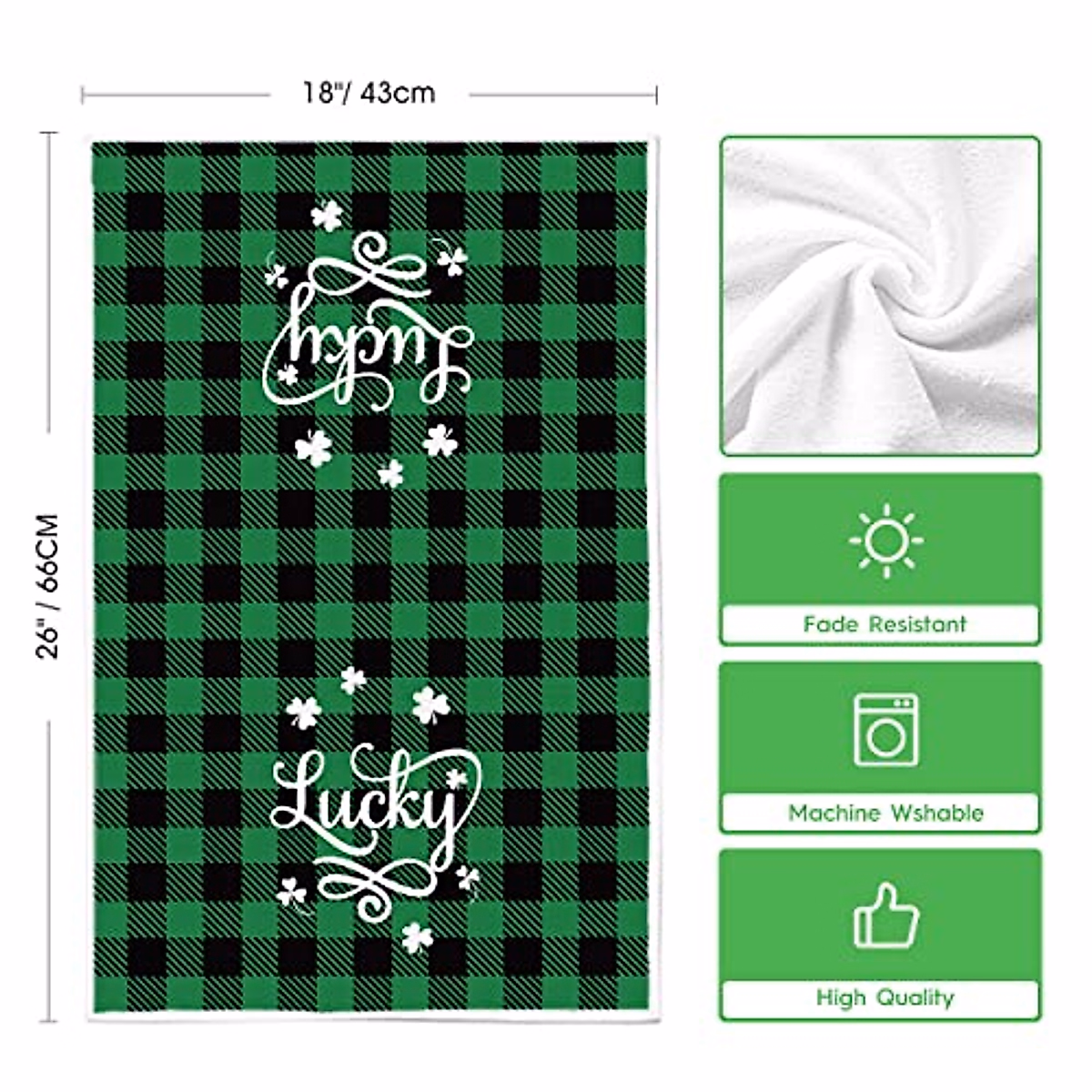 Artoid Mode Buffalo Plaid Lucky Charm St. Patrick's Day Kitchen Dish Towels, 18 x 26 Inch Seasonal Clover Shamrock Ultra Absorbent Drying Cloth Tea Towels for Cooking Baking Set of 2