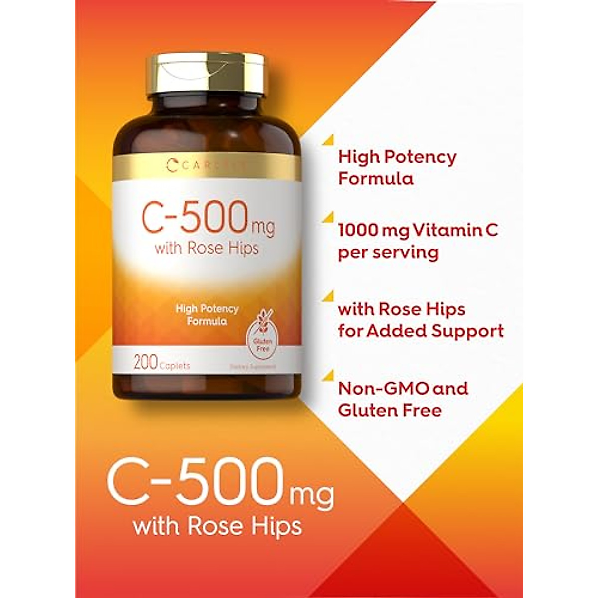 Carlyle Vitamin C with Rose Hips 500mg | 200 Caplets | High Potency Formula | Vegetarian, Non-GMO and Gluten Free Supplement