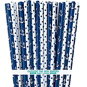 Nautical Theme Anchor and Polka Dot Nautical Theme Paper Straws - Navy Blue and White - 7.75 Inches - 100 Pack