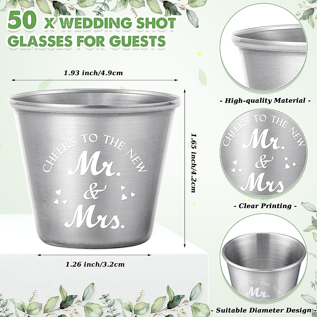 Uiifan Wedding Favors for Guests 1.5 oz Stainless Steel Shot Glasses Bulk Metal Cups Cards with Organza Bags Wedding Party Souvenirs Thank You Gifts for Guest (Cheers,50 Set)