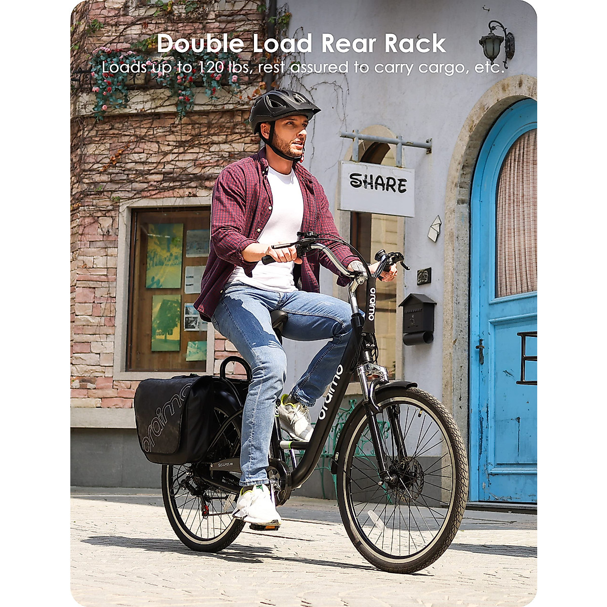 Oraimo Electric Bike for Adults 3A Fast Charge, 36V 10.4Ah UL-Certified Li-ion Battery, 350W Brushless Motor, 26" Aluminum Ebike 2X Load Rear Rack, Air Saddle, Shimano 7 Speed (Black, Standard)