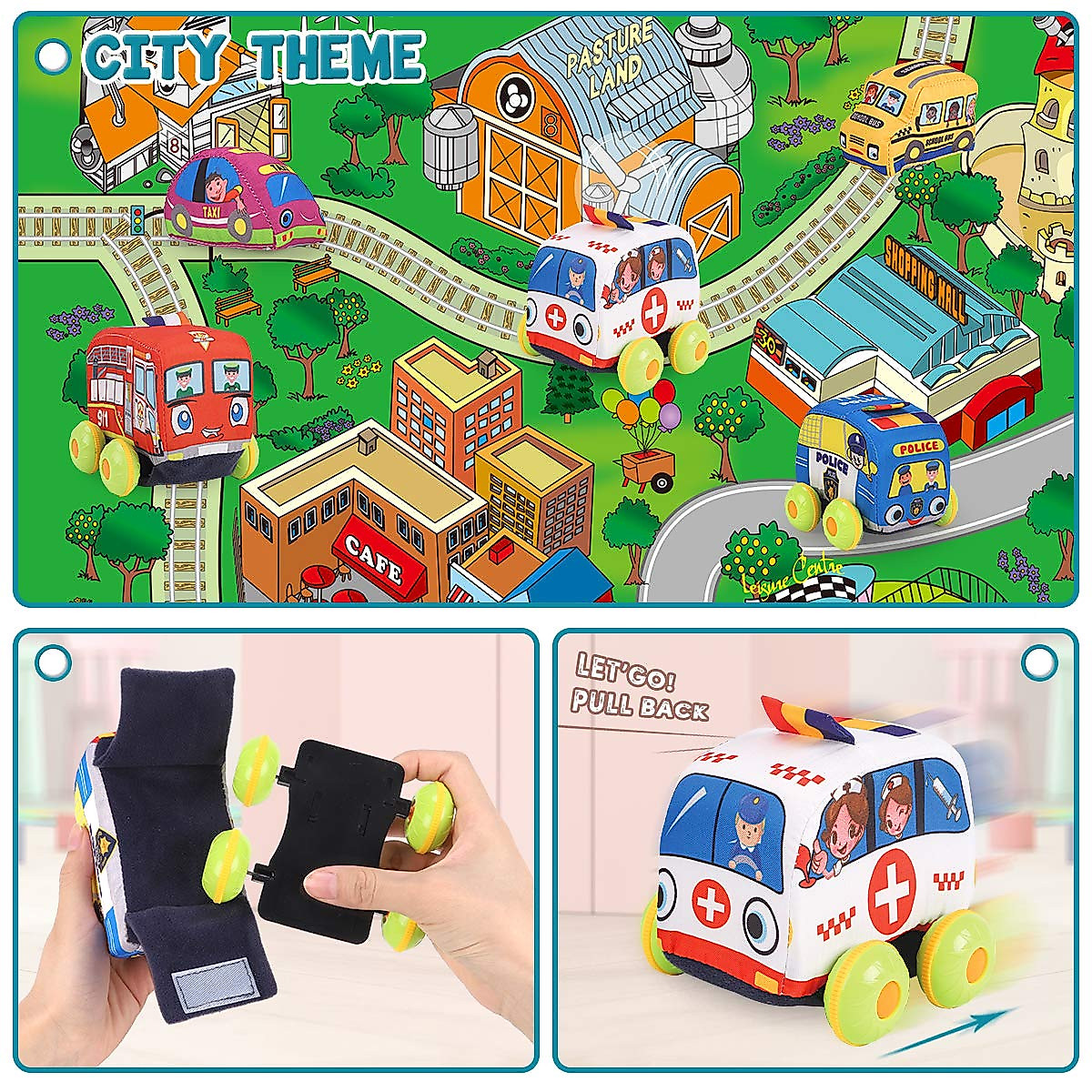 REMOKING Pull-Back Vehicle Toys Set, STEM Soft Vehicle Toy Set 5 Cars with Play Mat, Educational Interesting Cloth Book Set, Great Gifts for Kids 3 Years and up