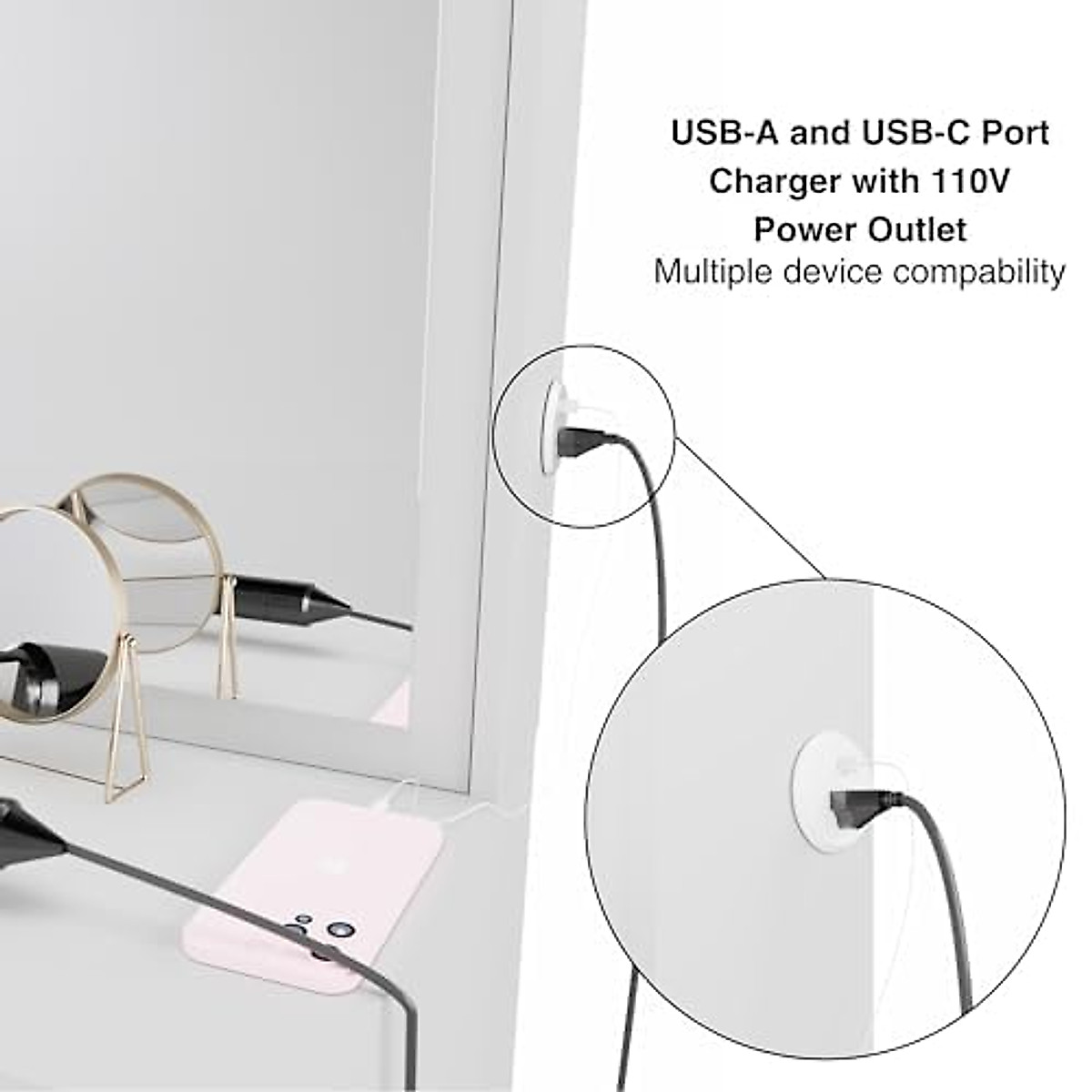 Boahaus Serena Modern Makeup Vanity with Hollywood Light Bulbs Add-On, 7 Drawers, Wide Mirror, Glam Glass Top for Bedroom