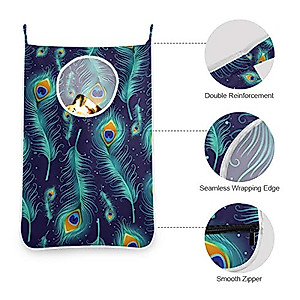 Hanging Laundry Bag Peacock Feather Door Hanging Laundry Hamper with Stainless Steel Hooks Wall Laundry Nook 1 PC