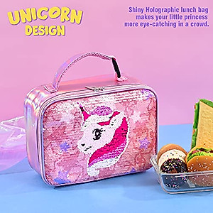 WERNNSAI Sequins Unicorn Lunch Box - Holographic Insulated Girls Lunch Bag for Kids Bento Back to School Picnic Preschool Kindergarten Lunch box Waterproof Reusable Thermal Lunch Tote Box