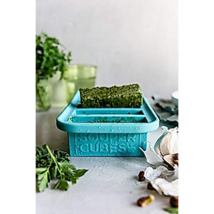 Souper Cubes 1/2-Cup Freezing Tray with lid, Aqua, makes 6 perfect 1/2 cup portions, freeze pesto, salsa, sauce, food