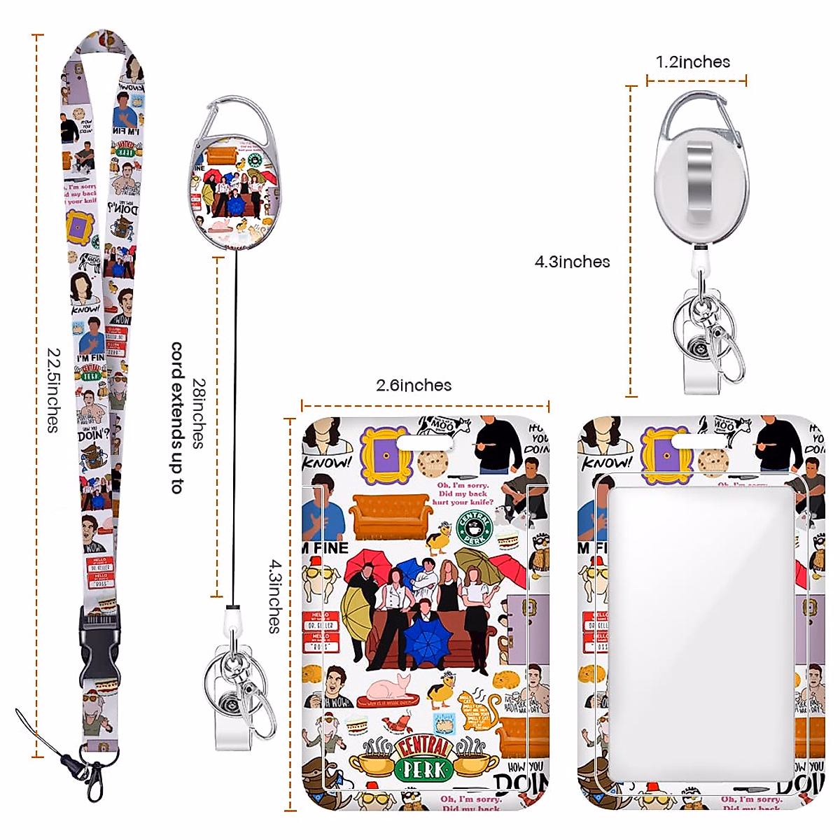 Id Badge Holder with Lanyard Retractable Badge Reel Funny TV Show Merchandise Fans Merch Friendship Gifts Stuff Lanyards for Id Badges Vertical Id Protector Badge Clip for Friends Nurse Doctor Teacher