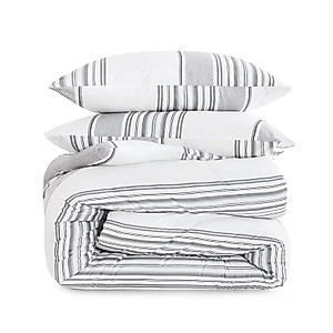 Wake In Cloud - Grey and White Comforter Set King Size, 3 Pieces Lightweight Bedding for Men and Women, Gray Neutral Farmhouse Aesthetic Stripes Striped
