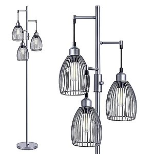 Dimmable Industrial Floor Lamps for Living Room, Gray Tree Standing Tall Lamps with 3 Elegant Teardrop Cage Head & 800 Lumens LED Bulbs for Bedroom Office