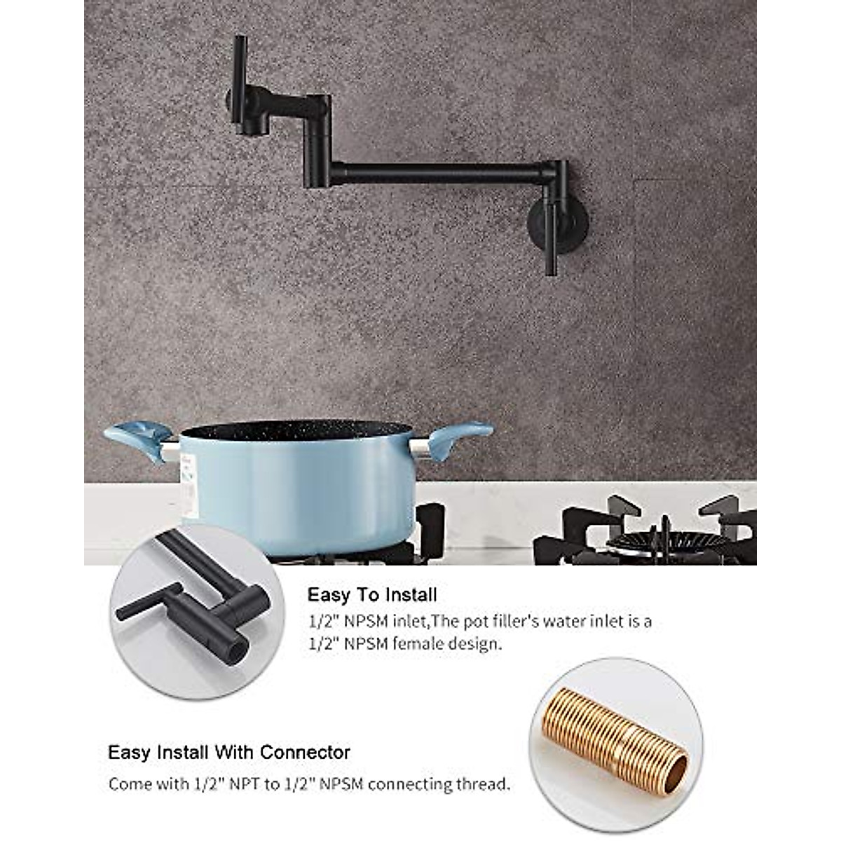 PHASAT Pot Filler Faucet,Black Pot Filler Wall Mount,Brass Kitchen Faucet Folding Stretchable with Double Joint Swing Arm,2 Handles with 2 Cartridges,Single Hole,Matte Black,PTZH01C