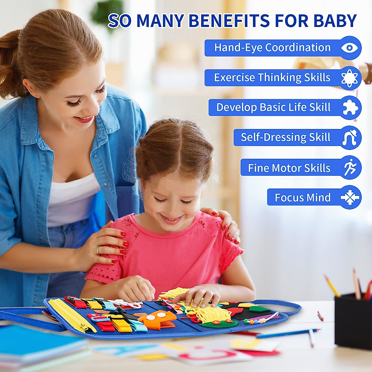 Rebala Busy Board Montessori Toys for Toddlers Sensory Toys Gifts for 1 2 3 4 Year Old Boys & Girls Preschool Toddler Activities Educational Travel Toy Learning Basic Dress Skills (Boy)