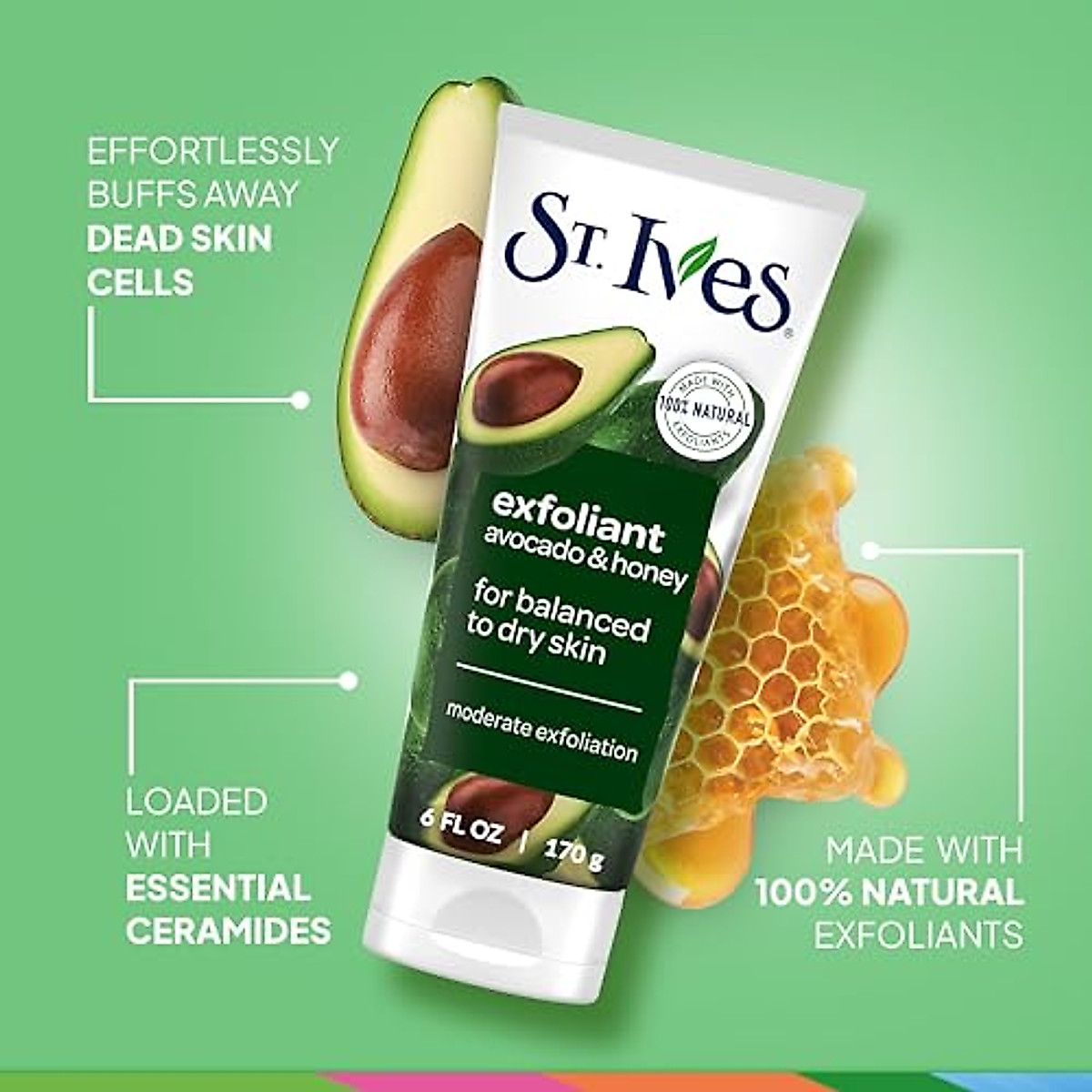 St. Ives Soft Skin Face Scrub, Avocado & Honey Moderate Exfoliator For Soft, Smooth Skin, Oil-free Facial Scrub Made with 100% Natural Exfoliants, 6 oz, 6 Pack