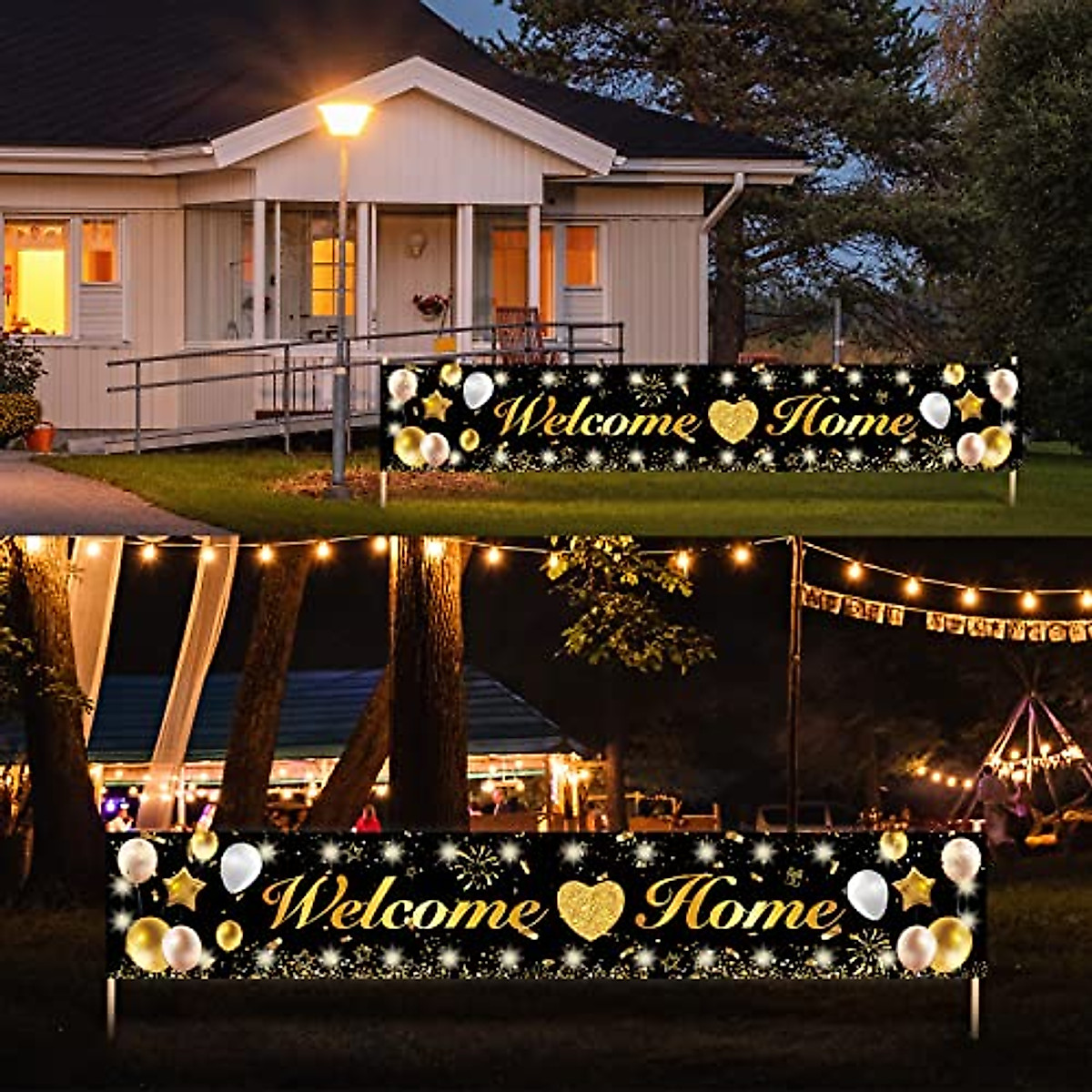 Welcome Home Banner Large Black Gold Welcome Home Yard Sign with LED String Light and Clips for Outdoor Decor Family Gathering Military Homecoming Deployment Returning Party Supplies, 9.8 x 1.6 ft