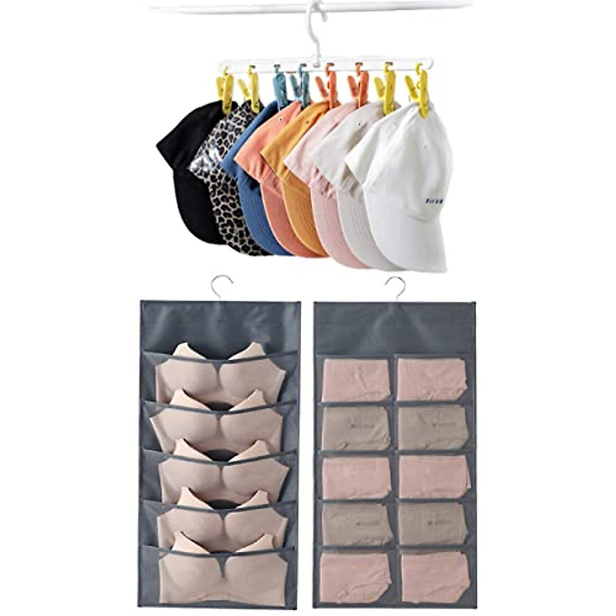 Durable Hanging Closet Organizer for Underwear Double Sided with Mesh Pockets& Hat Storage 8 Hat Storage Clips for Hat Rack for Baseball Caps Hat Organizer Holder (Gray&White, Bra&Hat Storage)