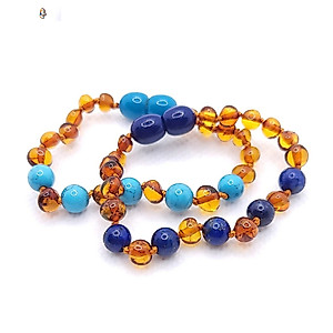 Blue Rabbit Co Two Amber Bracelets (~5.20-5.25 inches) | GIA Certified 100% Pure Baltic Amber - Unisex (Cognac/Turquoise Amber Jewelry)